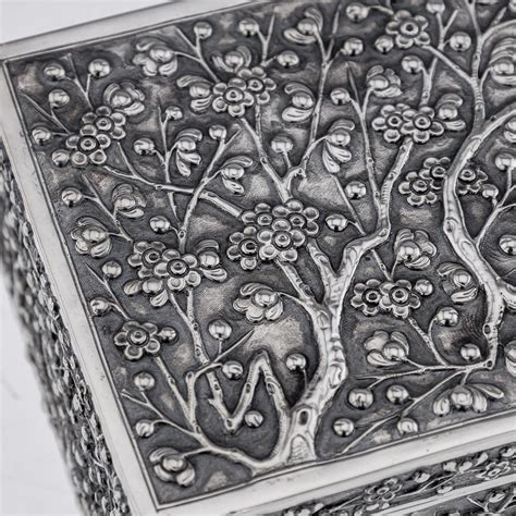 ANTIQUE 19thC CHINESE EXPORT SOLID SILVER CHERRY BLOSSOM BOX WANG HING