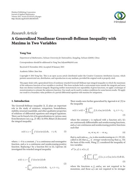 Pdf A Generalized Nonlinear Gronwall Bellman Inequality With Maxima In Two Variables