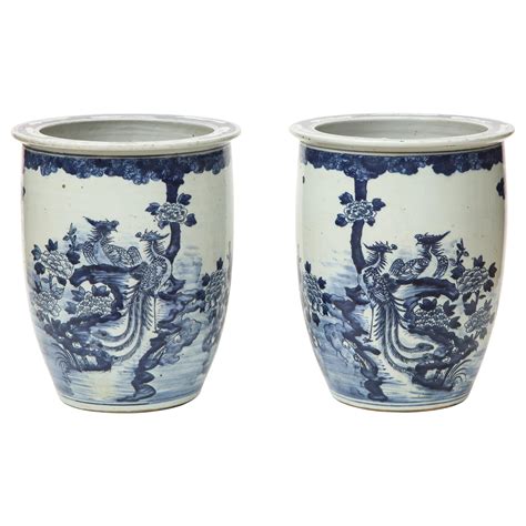 Pair Of Chinese Blue And White Porcelain Planters At 1stdibs
