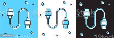 파란색과 흰색 검은 색 배경에 격리 된 Usb 케이블 코드 아이콘을 설정합니다 Pc 및 모바일 장치를 위한 커넥터 및 소켓 벡터
