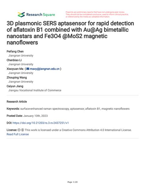 Pdf 3d Plasmonic Sers Aptasensor For Rapid Detection Of Aflatoxin B1 Combined With Au Ag