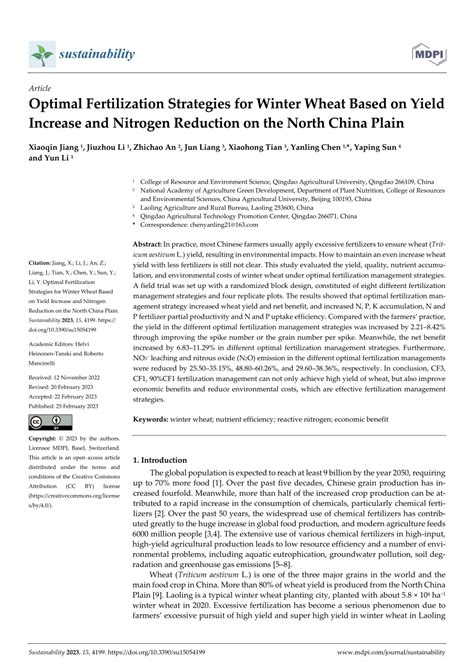 Pdf Optimal Fertilization Strategies For Winter Wheat Based On Yield Increase And Nitrogen