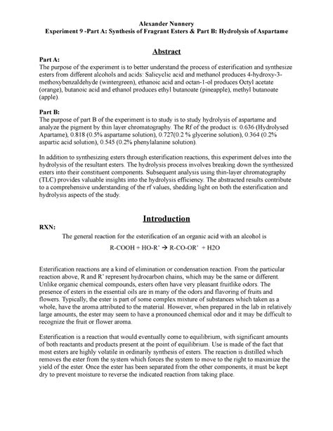 Exp 9 Report Experiment 9 Part A Synthesis Of Fragrant Esters Part B Hydrolysis Of Studocu