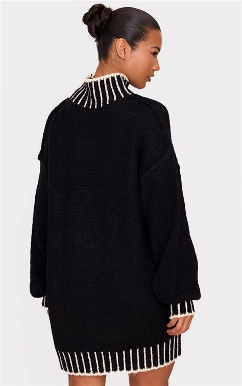 Monochrome Contrast Stitch High Neck Jumper Dress Knitwear