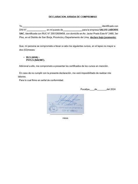 Declaracion Jurada De Compromiso Libinson 11 Pdf