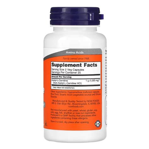 Acetil L Carnitina 500mg 50 Cápsulas Now