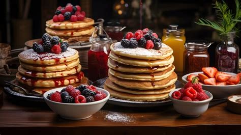 Premium Ai Image Tempting Pancakes On A Rustic Wooden Table An