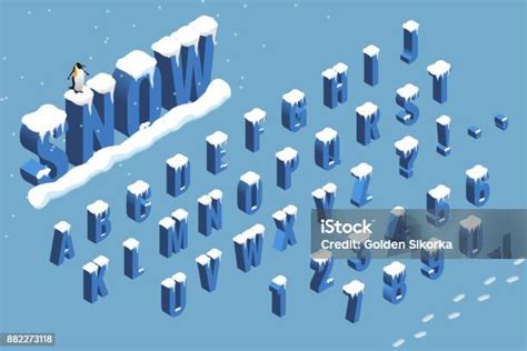 아이소메트릭 겨울 눈 글꼴 알파벳입니다 평면 벡터 일러스트 레이 션 아이소메트릭 Abc입니다 문자 숫자 및 기호 크리스마스 겨울 휴가 벡터 요소 겨울에 대한 스톡 벡터 아트