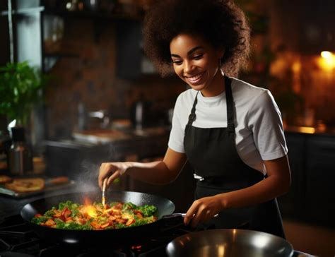 Premium Photo Woman Cooking Vegetables With Pan On Stove