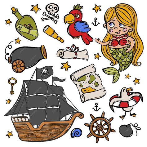 Premium Vector Mermaid And Pirate Ship Corsair Objects Vector Collection