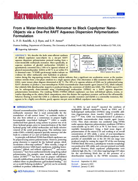 Pdf From A Water Immiscible Monomer To Block Copolymer Nano Objects Via A One Pot Raft Aqueous