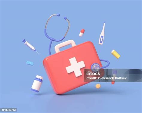 3d 응급 처치 키트 알약용 플라스틱 병 주사기 온도계 청진기 만화 스타일의 캡슐 의학 및 건강 관리의 개념 파란색 배경에 격리된 그림 3d 렌더링 3차원 형태에 대한 스톡