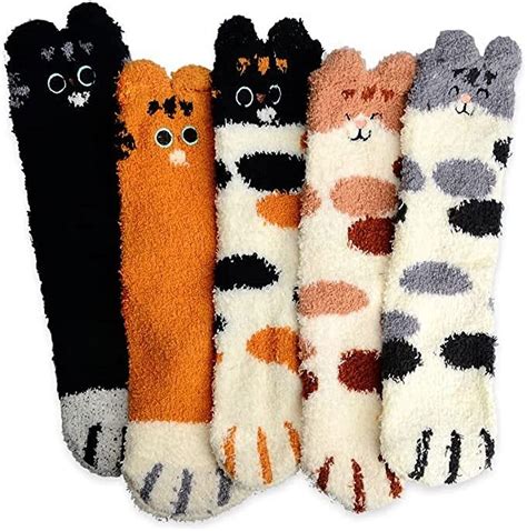 Geekeo Cat Paw Socks 5 Pairs Cat Claw Socks For Girls Women Cozy Fuzzy
