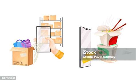 온라인 쇼핑 물류 및 배송 전자 상거래 디지털 마케팅 만화 벡터 일러스트레이션 Brand Name Smart Phone에 대한 스톡 벡터 아트 및 기타 이미지 Brand