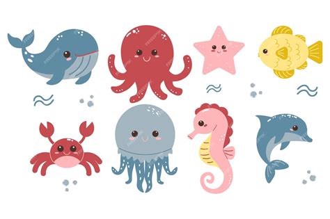 набор милых морских животных Различные рыбы Векторная мультфильмная