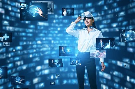 Happy Young Woman With Vr Glasses On Blue Metaverse Background Stock
