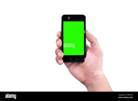 Hand Of Man Holding Mobile Smart Phone With Chroma Key Green Screen On