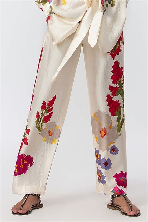 Ivory Silk Abstract Printed Trousers Design By Saaksha And Kinni At