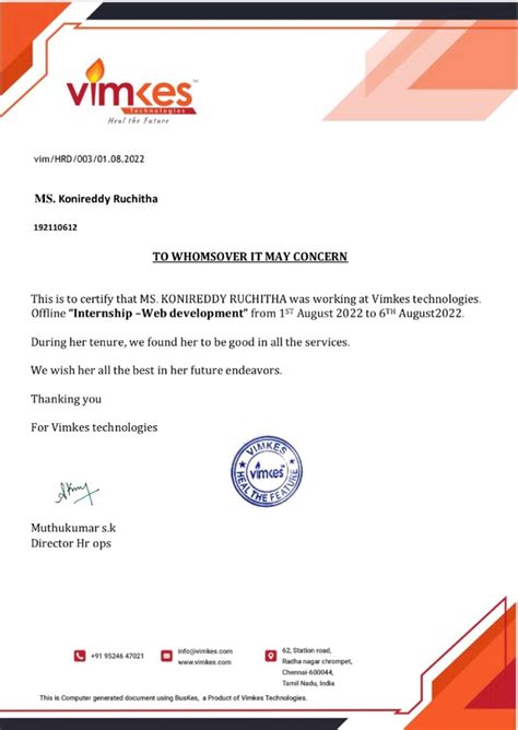 Ruchitha Konireddy On Linkedin Ive Successfully Completed Virtual Internship In Vimkes