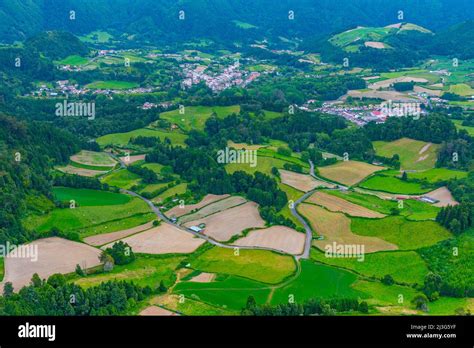 Aerial View Of Furnas Town At Sao Miguel Island Azores Portugal Stock