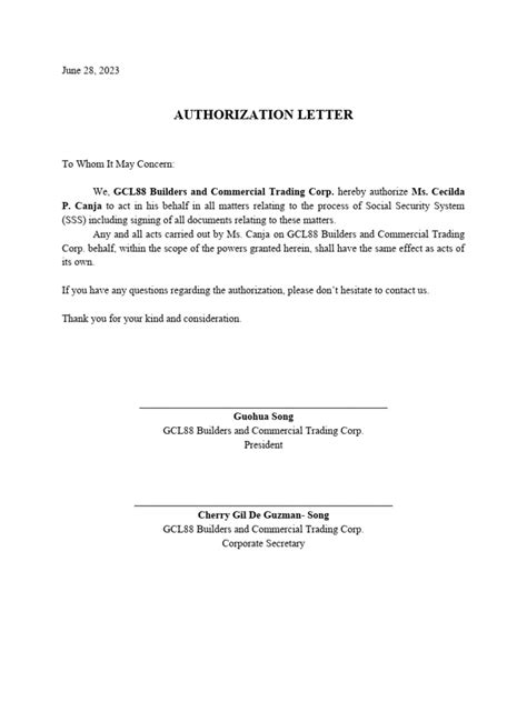 Authorization Letter Sss Pdf