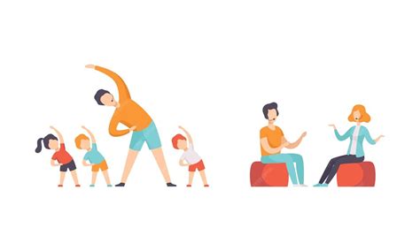 Tv 쇼 세트 진행자 및 Tv 스튜디오에서 스포츠를하는 어린이 Tv 호스트 인터뷰 참가자 만화 터 일러스트레이션 프리미엄 벡터