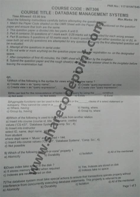 Int306 Database Management System End Term Exam Question Paper Int