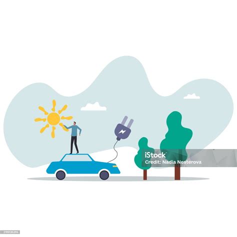 Ev 전기 자동차 청정 에너지 환경 친화적이거나 재사용 가능한 태양 에너지를 사용하여 배터리에 연료를 공급하는 기술 Carbusiness Conceptflat 문자 0명에