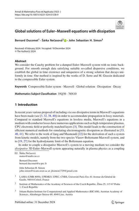 Pdf Global Solutions Of Eulermaxwell Equations With Dissipation