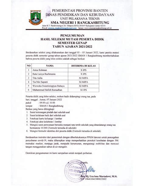 PENGUMUMAN HASIL SELEKSI MUTASI PESERTA DIDIK SEMESTER GENAP TAHUN