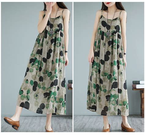 도트 패턴 끈 나시 롱 원피스