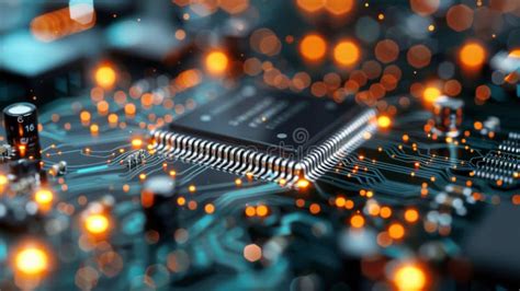 Close Up View Of A Microprocessor On A Circuit Board With Glowing Connections At Night Stock