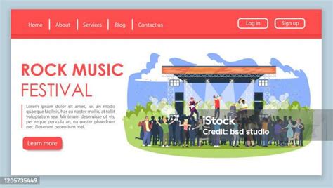 록 음악 축제 방문 페이지 벡터 템플릿입니다 평면 일러스트와 야외 콘서트 웹 사이트 인터페이스 아이디어 야외 록 페스트 홈페이지