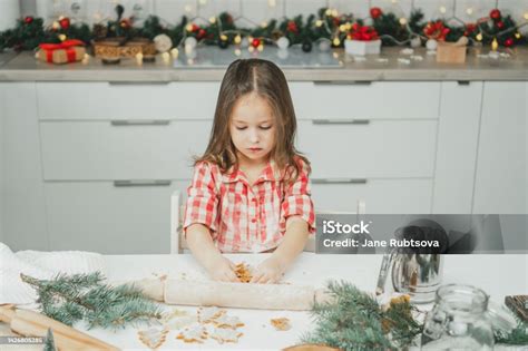 빨간 체크 무늬 셔츠를 입은 작은 검은 머리 소녀 3 세 흰색 부엌에서 반죽에서 진저 브레드 쿠키를 준비합니다 2 3 살에 대한 스톡 사진 및 기타 이미지 Istock