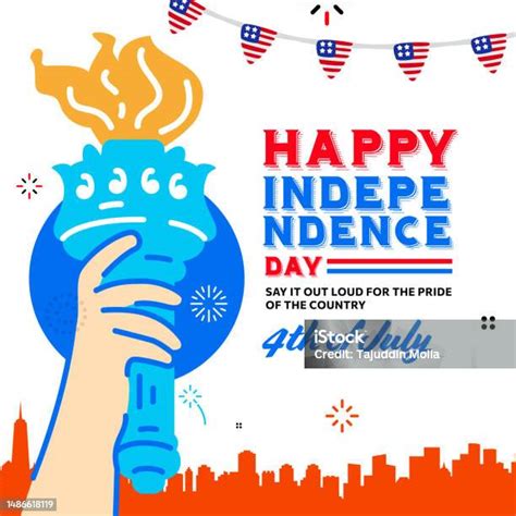 7 월 4 일 다채로운 인사말 배너 템플릿 자유의 여신상 횃불 멧새 장식 및 뉴욕 스카이 라인 벡터 그림입니다 0명에 대한 스톡 벡터 아트 및 기타 이미지 Istock