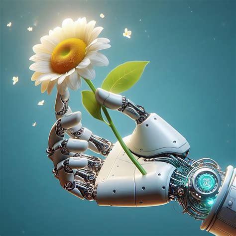 Premium Vector A Robot Holding A Flower And A Flower In The Hand