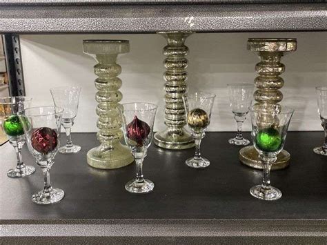 Lot Clear Glass Goblets Mercury Glass Type Candle Stands Dixons