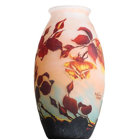 Proantic Impressive Vase Glass With Roses Signed Muller Frères Luné