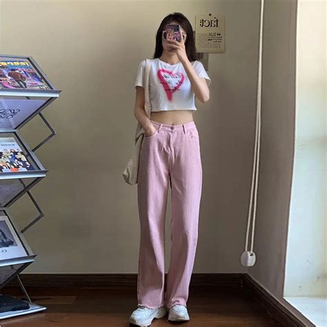 Розови дънки с пълна дължина ниски ПАМУЧНИ прави копчета ежедневни Y2k дънки за момичета