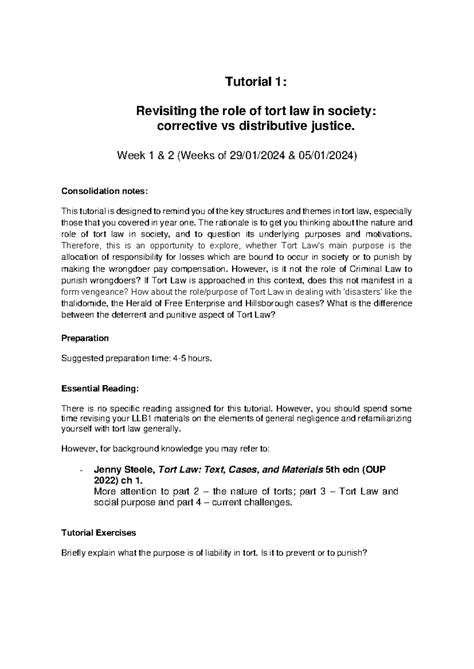 Tutorial 1 Tort Law Tutorial 1 Revisiting The Role Of Tort Law In