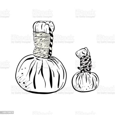 흰색 배경에 마사지를 위한 매듭이 있는 두 개의 화장품 직물 가방 세트의 벡터 그림 검은색 윤곽선 곡선의 그래픽 그리기 엽서 디자인 및 구성 장식 지문 포스터 스티커 기념품