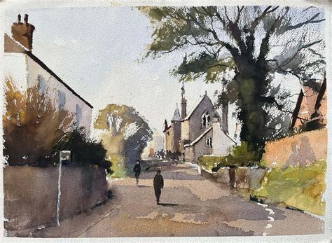 Anthony Avery British Watercolor Village Street With Church And Figures For Sale At 1stdibs