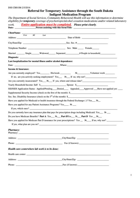 Form Dss Cbh Im Referral For Temporary Assistance Through The South Dakota Indigent Medication