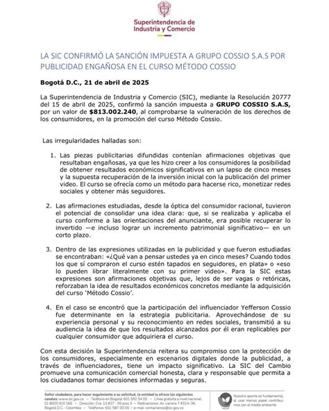 Sicsuper 🚨la Sic Confirmó La Sanción Impuesta A Grupo Cossio Sas