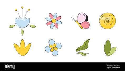 Leaves Flowers Butterfly 2d Linear Cartoon Objects Set Stock Vector