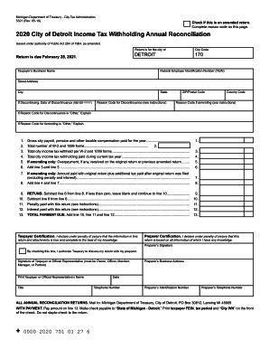 Fillable Online 5321 2020 City Of Detroit Income Tax Withholding