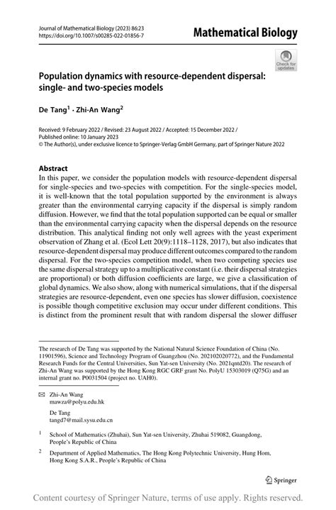 Population Dynamics With Resource Dependent Dispersal Single And Two