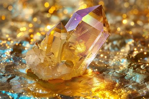 Golden Crystal Yellow Color Stone Rainbow Gem Gold Background Premium
