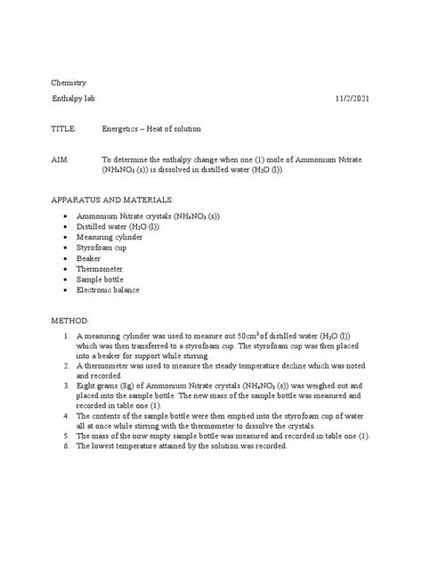 Chemistry Enthalpy Of Solution Lab Download Free Pdf Chemical Reactions Enthalpy