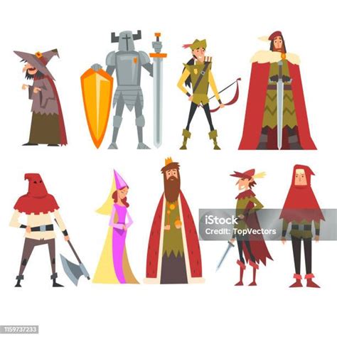 歐洲中世紀人物集 老女巫 騎士 弓箭手 國王 公主 執行者 人物在歷史服裝向量插圖向量圖形及更多公主圖片 公主 童話故事 中古時代